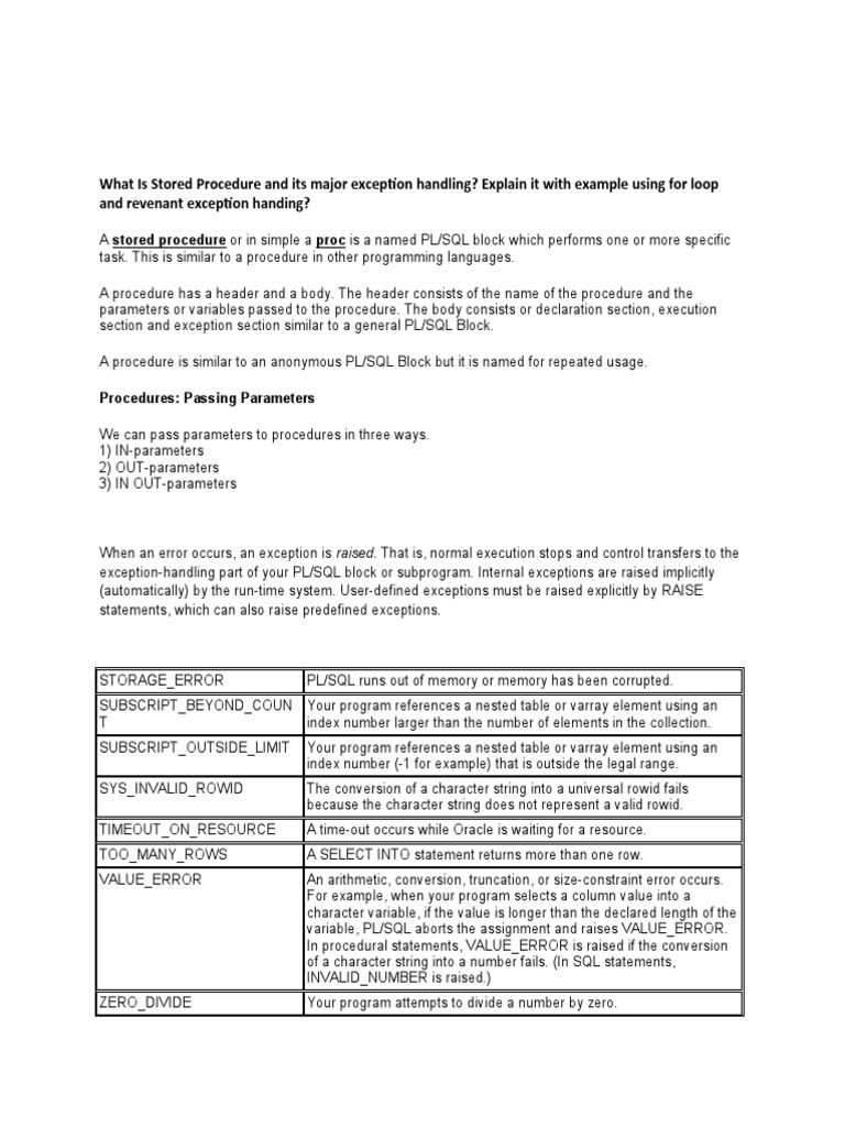 What Is Stored Procedure And Its Major Exception Handling Pdf Pl Sql Subroutine
