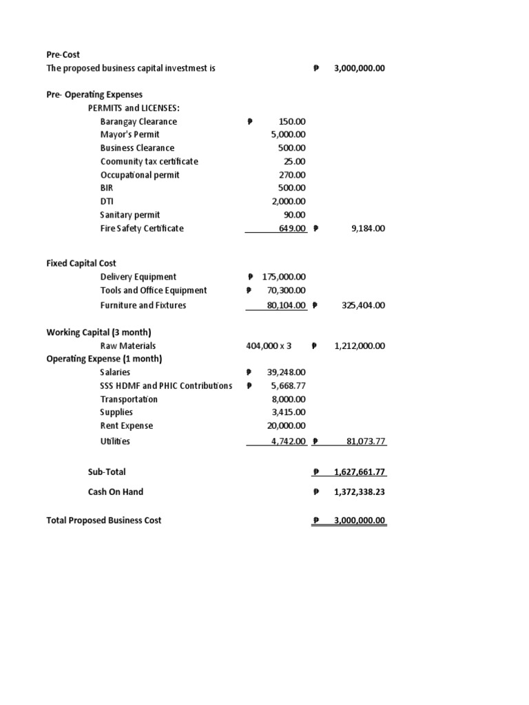 Pre-Cost 3,000,000.00 Pre-Operating Expenses | Download Free PDF ...