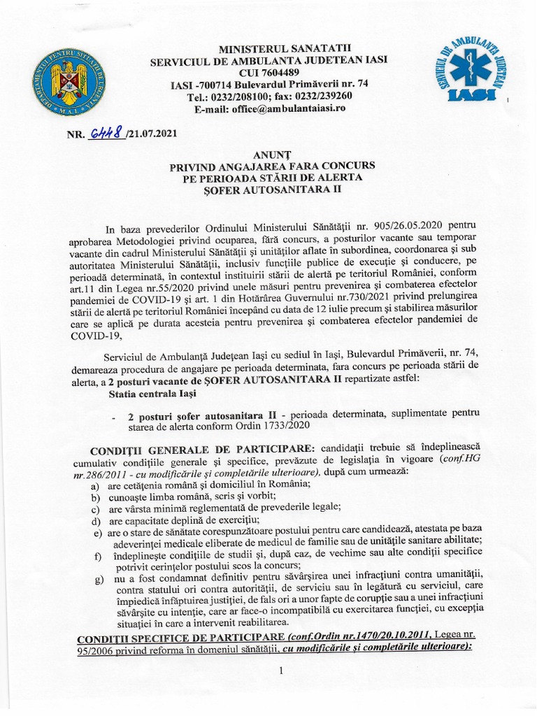 Anunt Angajare Fara Concurs Sofer Autosanitara II Iulie | PDF