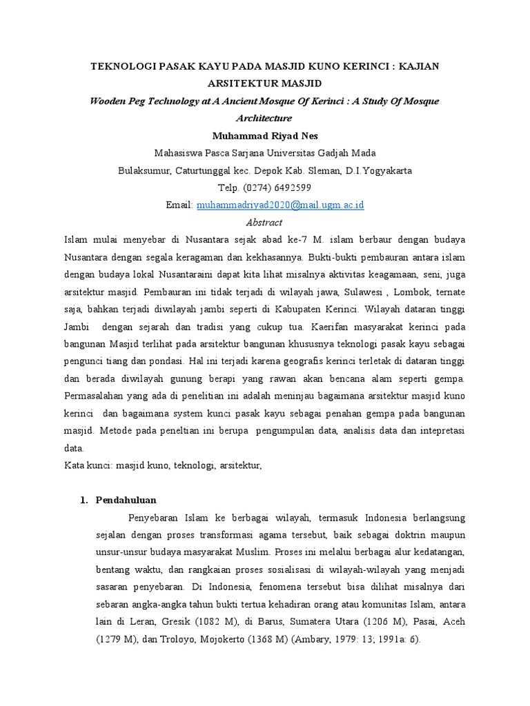 Teknologi Pasak Kayu Pada Masjid Kuno Kerinci | PDF