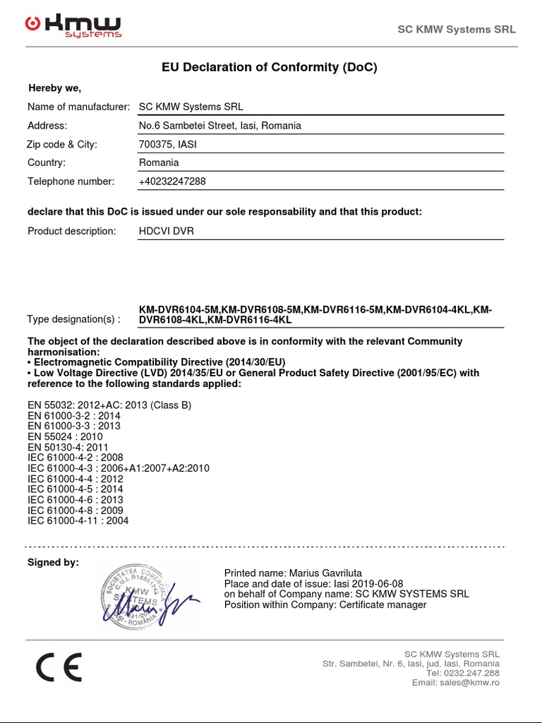 Eu Declaration of Conformity (Doc) : SC KMW Systems SRL | PDF