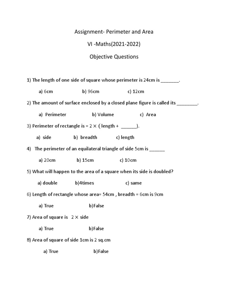 Perimeter and Area Assignment | PDF