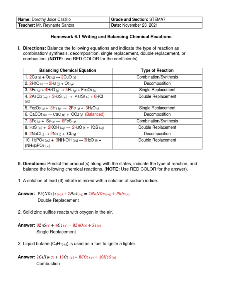 Balancing Chemical Reactions Homework | PDF