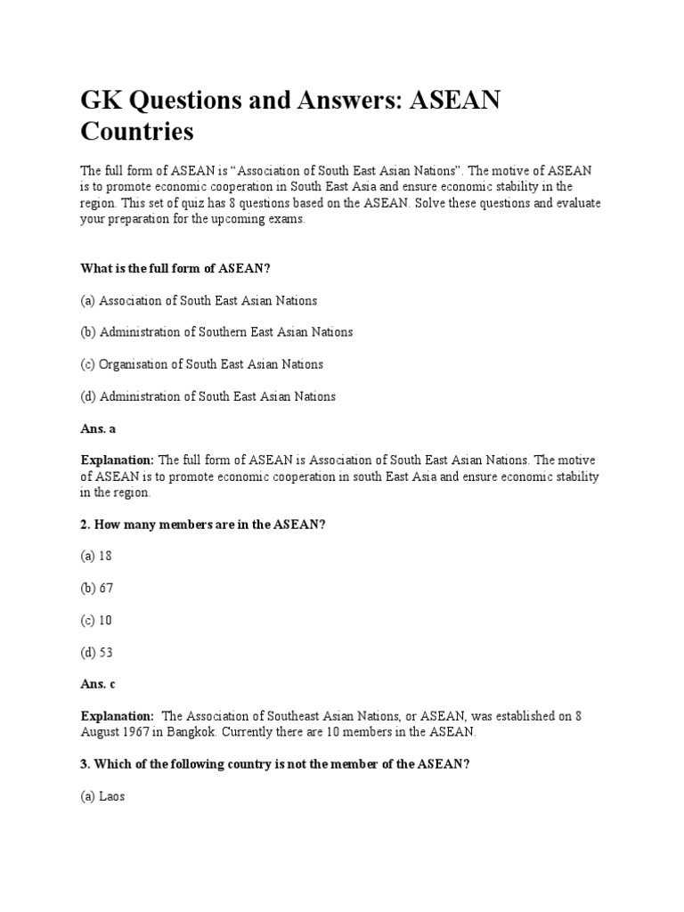 ASEAN Questions 1 | PDF | Southeast Asia