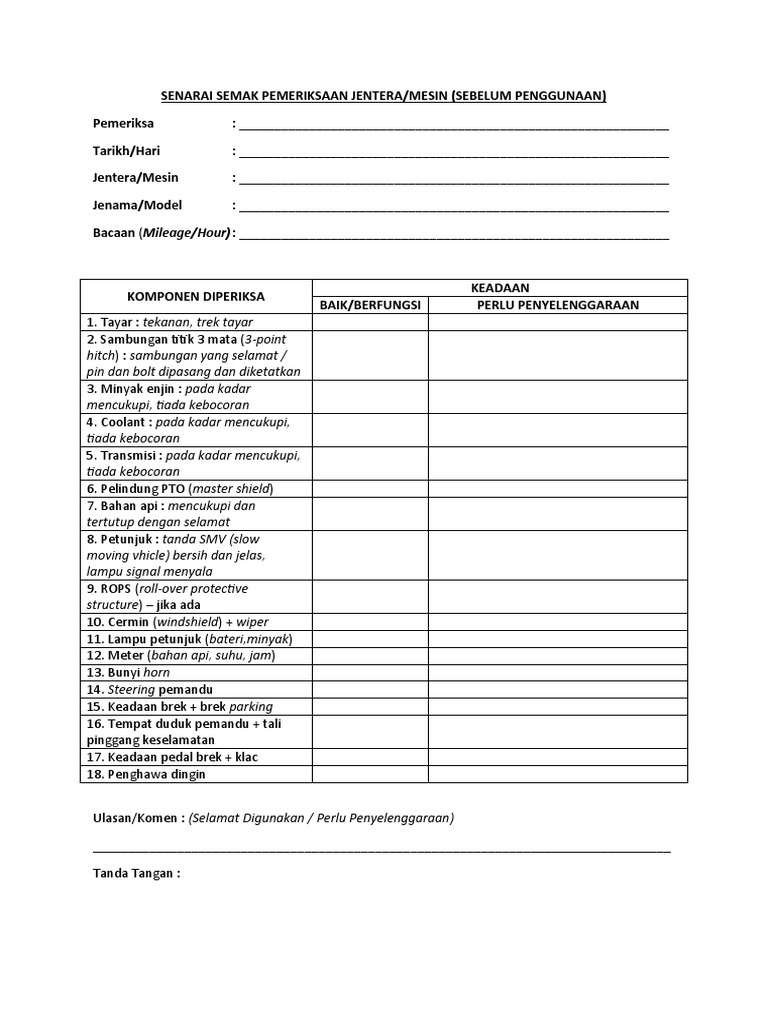 Senarai Semak Pemeriksaan Jentera | PDF | Bisnis | Teknologi & Rekayasa