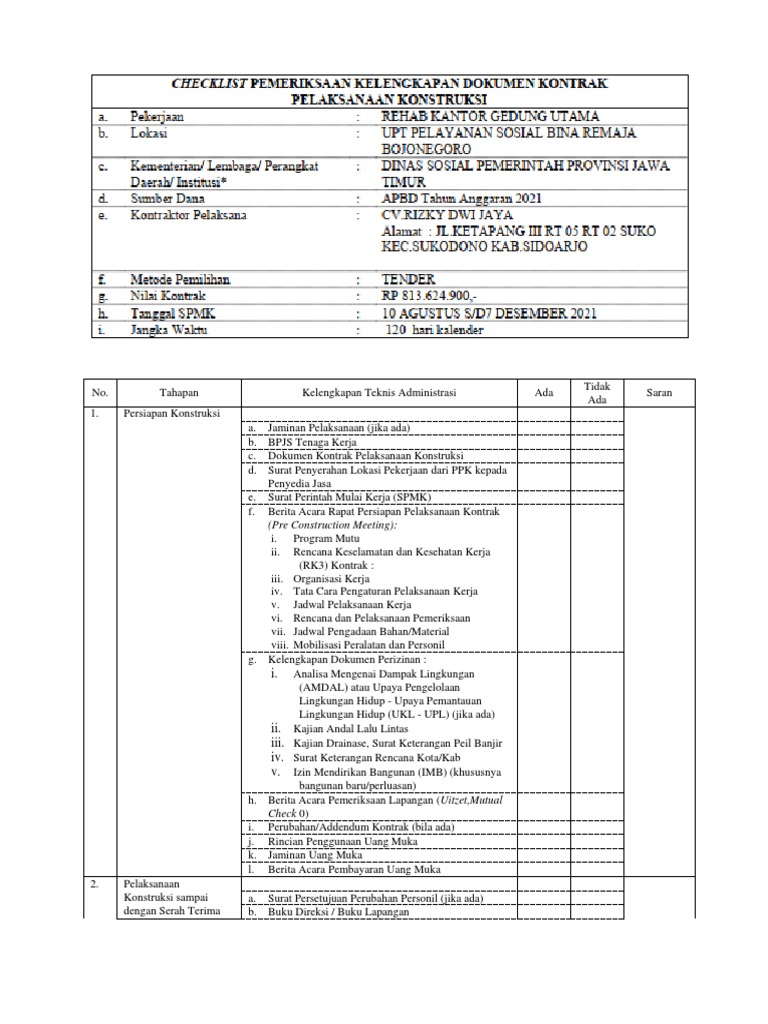 FORMAT CEKLIST ADMINISTRASI PROYEK Pelaksanaan-1 | PDF