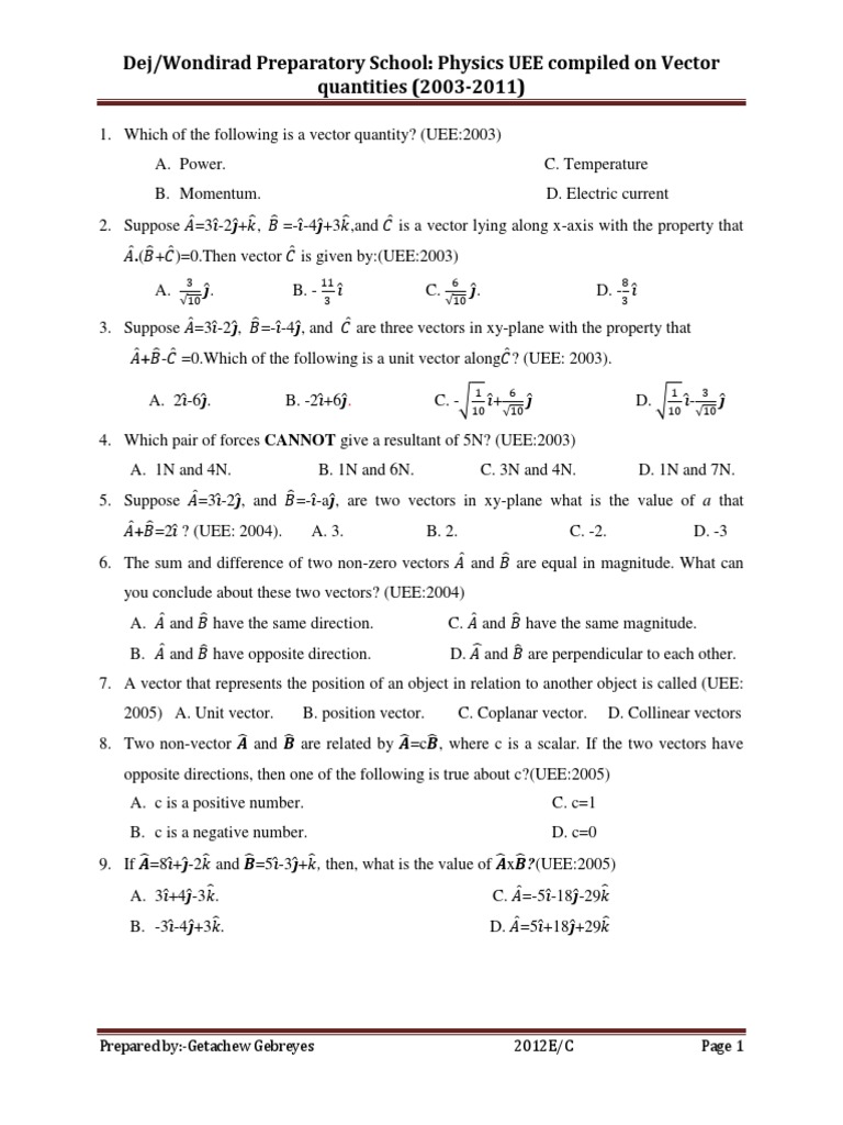 Dej/Wondirad Preparatory School: Physics UEE Compiled On Vector Quantities (2003-2011) | PDF ...