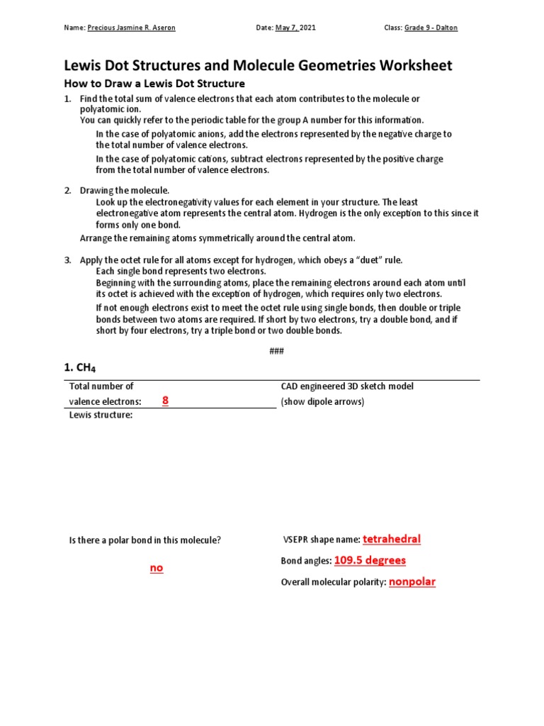 Lewis Dot Structures and Molecule Geometries Worksheet | PDF | Chemical ...
