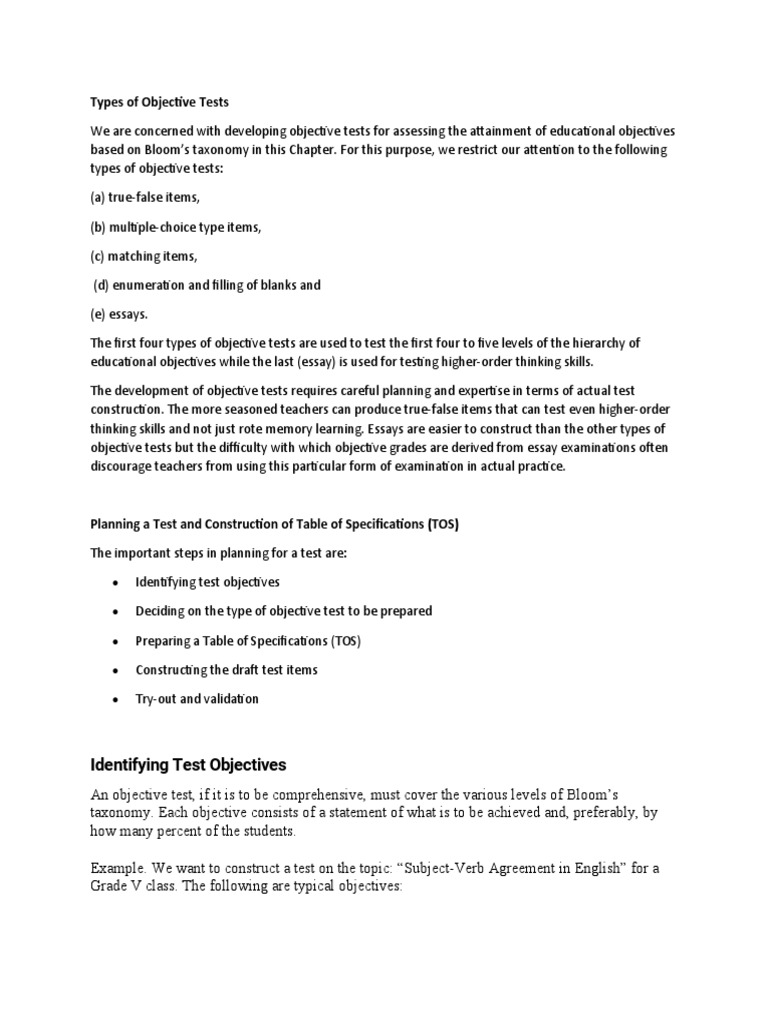 Types of Objective Tests: Identifying Test Objectives | PDF | Multiple ...