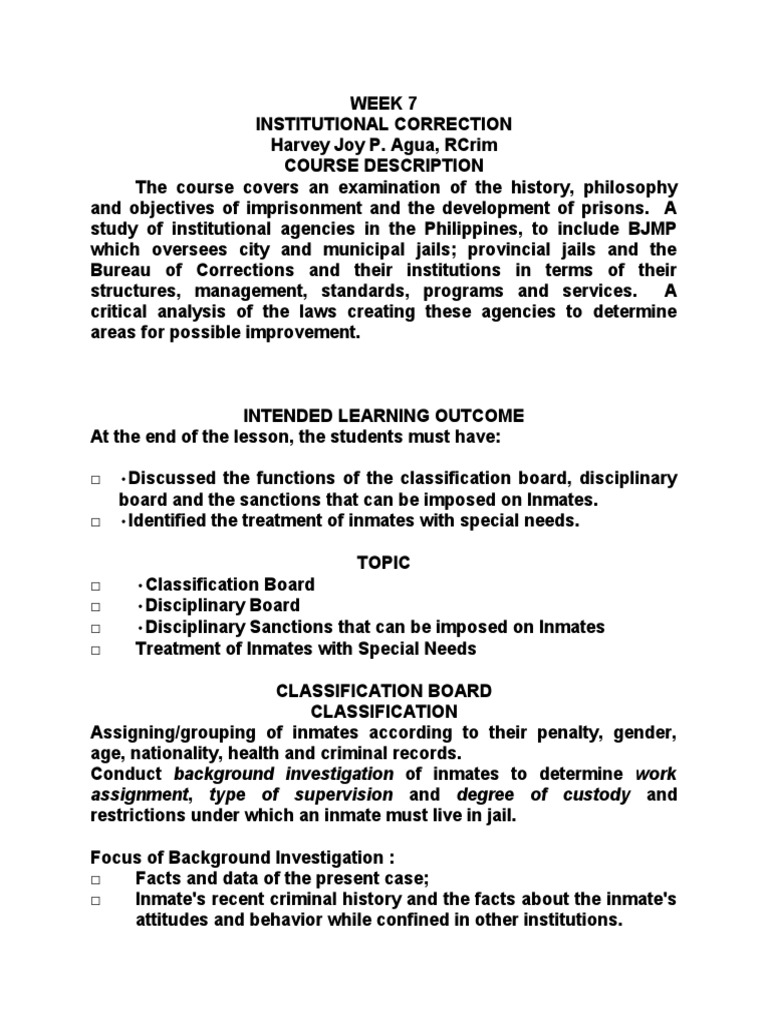 Correction Institution Handouts | PDF | Prison | Inspector