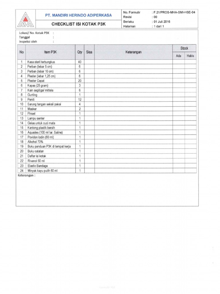 Checklist Kotak p3k Arco | PDF