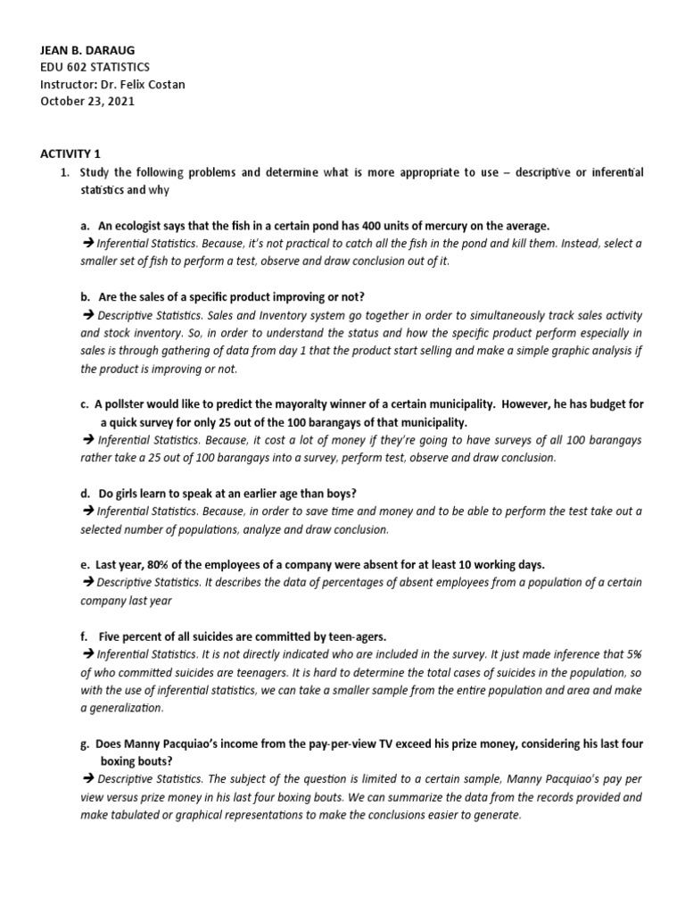 Statistics - Activity 1 | PDF | Statistics | Statistical Inference