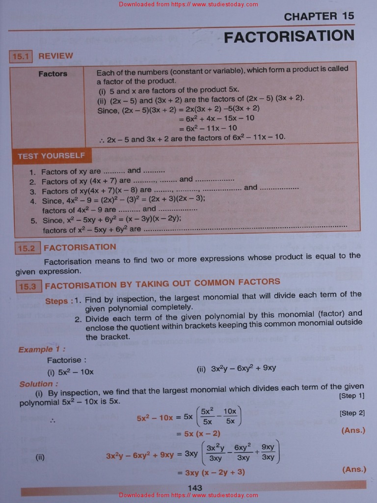 ICSE Class 8 Maths Chapter 15 Factorisation | PDF