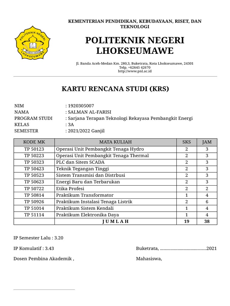 Politeknik Negeri Lhokseumawe: Kartu Rencana Studi (KRS) | PDF | Teknologi & Rekayasa