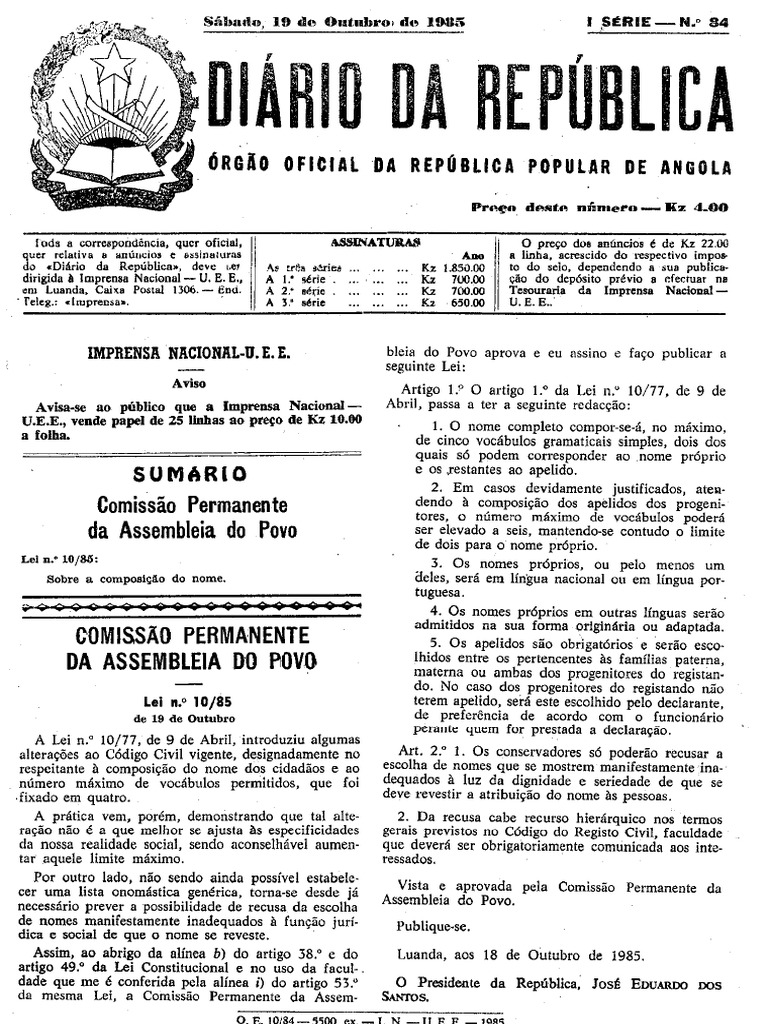Angola Lei N.º 10 85 Atribuição Do Nome | PDF