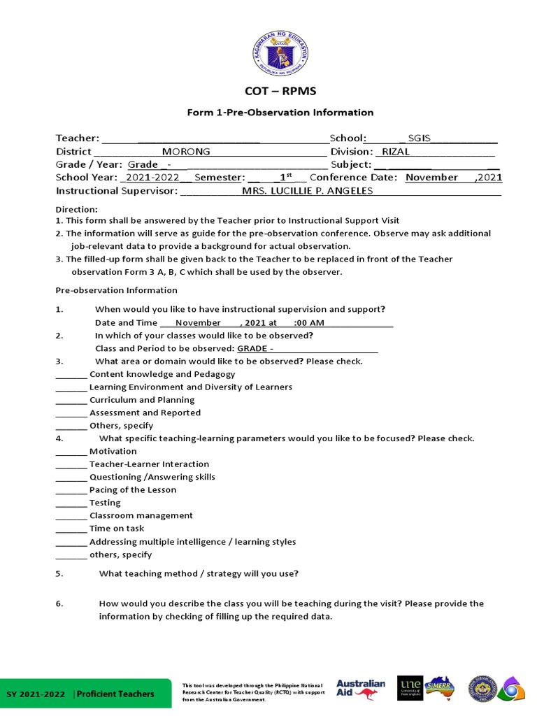Cot - RPMS: Form 1-Pre-Observation Information | PDF | Teachers | Teaching