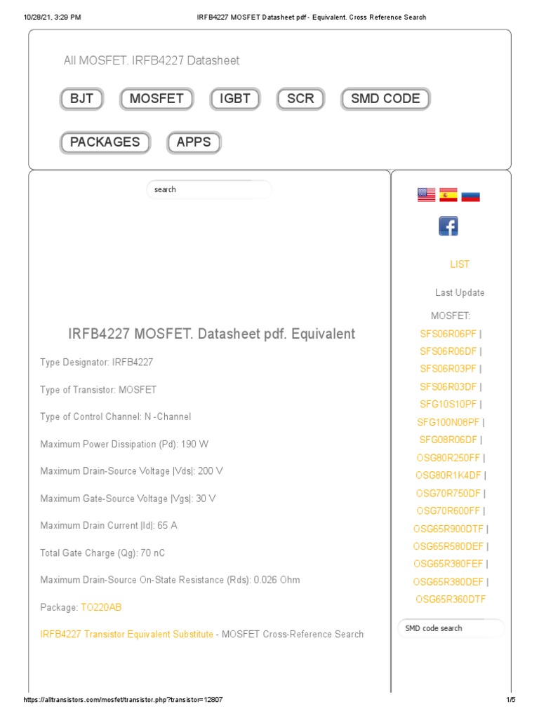 BLG IRFB4227 MOSFET Datasheet PDF - Equivalent. Cross Reference Search | Download Free PDF ...