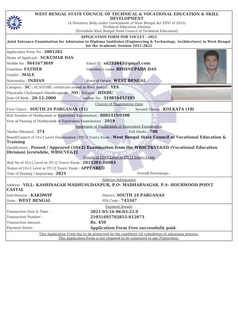 Application Form For Voclet - 2021 Joint Entrance Examination For ...