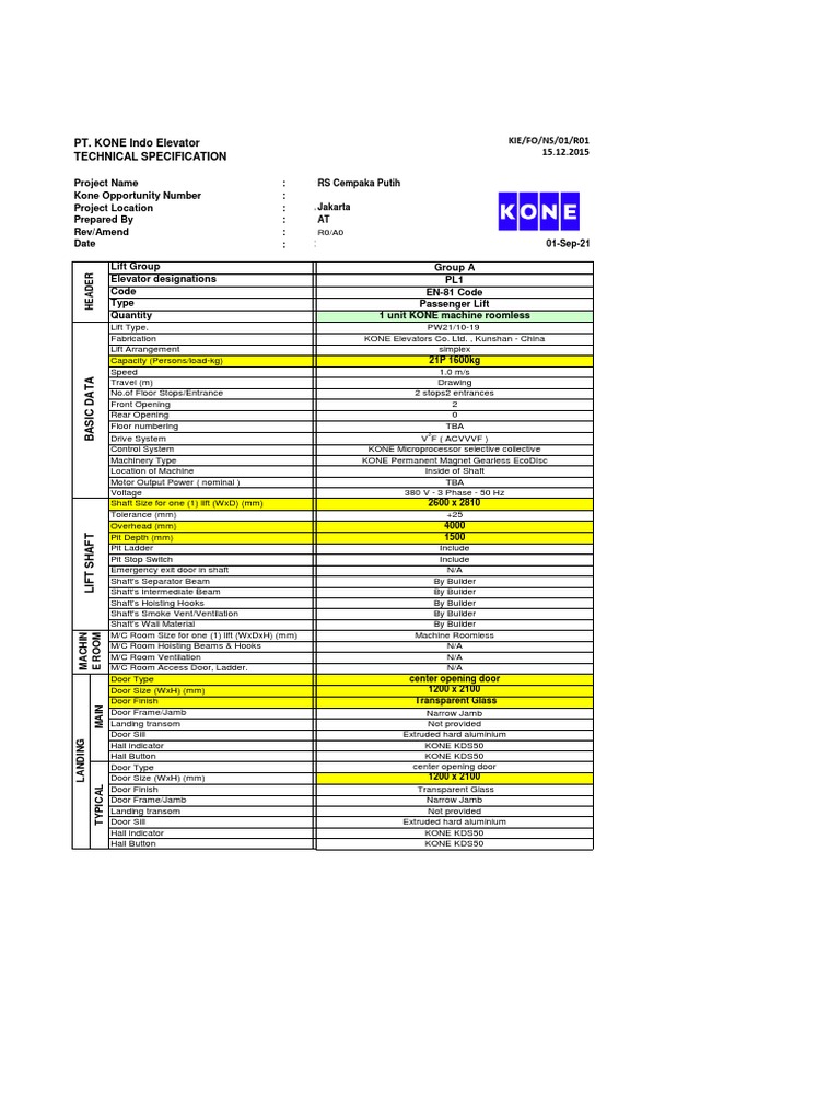 PT. KONE Indo Elevator Technical Specification: RS Cempaka Putih | PDF ...