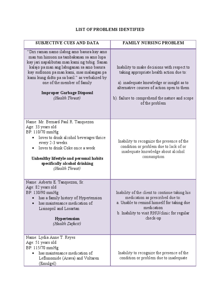 Family Nursing Problem Assessment CHN | PDF
