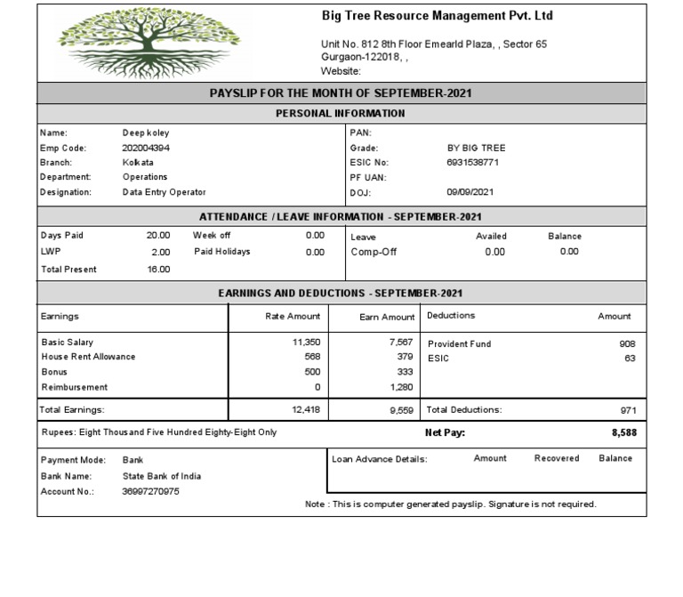 Payslip For The Month of September-2021: Personal Information ...