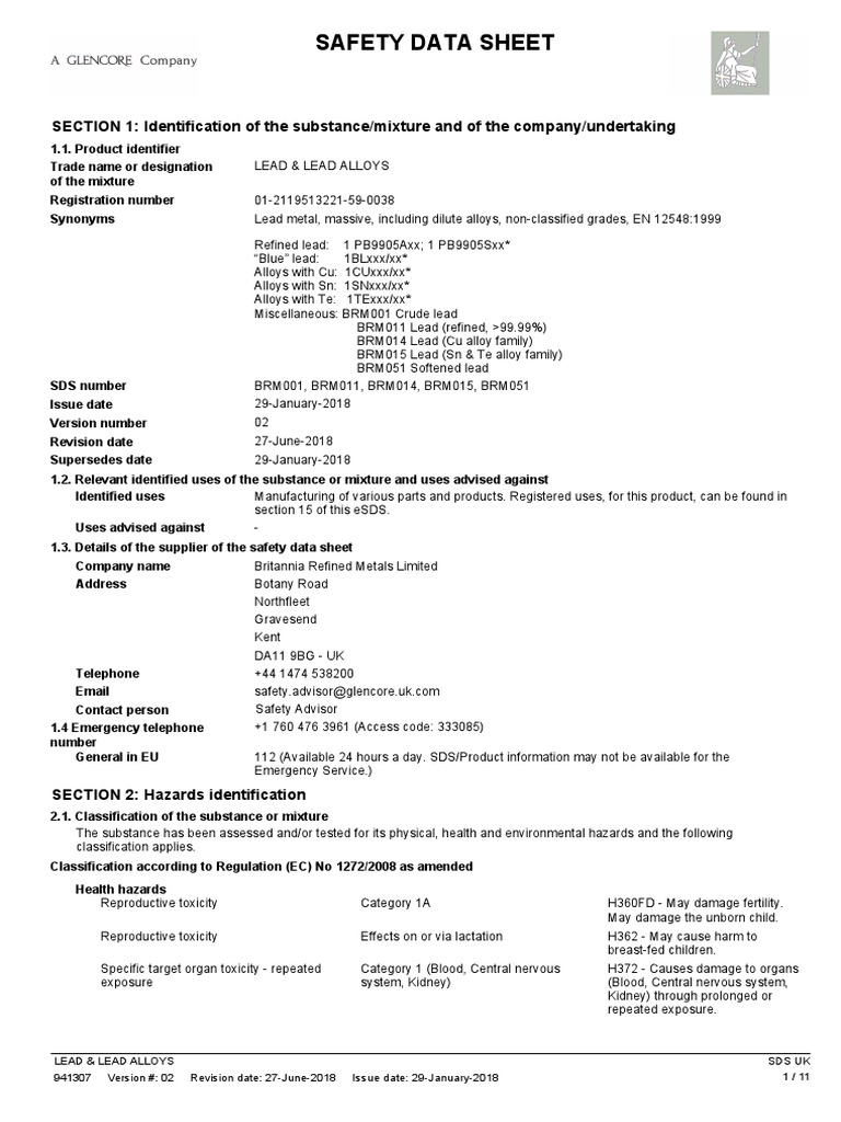 Safety Data Sheet for Lead and Lead Alloys: Hazards and Protective ...