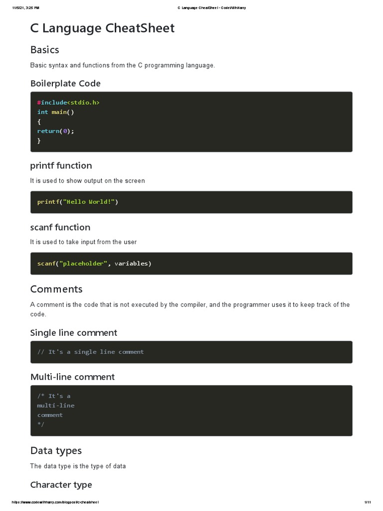 C Language CheatSheet - CodeWithHarry | PDF | Control Flow | C (Programming Language)