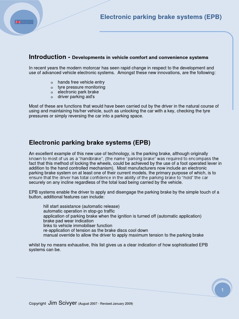 Introduction - : Electronic Parking Brake Systems (EPB) | PDF | Vehicle ...