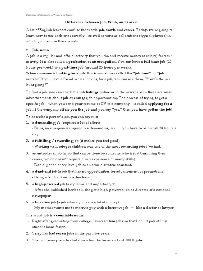 Job vs. Work vs. Career Explained | PDF | Noun | Résumé