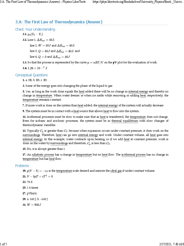 First Law of Thermodynamics Answers | PDF | Heat | Temperature