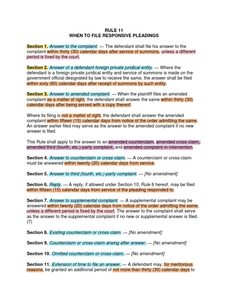 Filing Deadlines for Responsive Pleadings | PDF | Complaint | Pleading