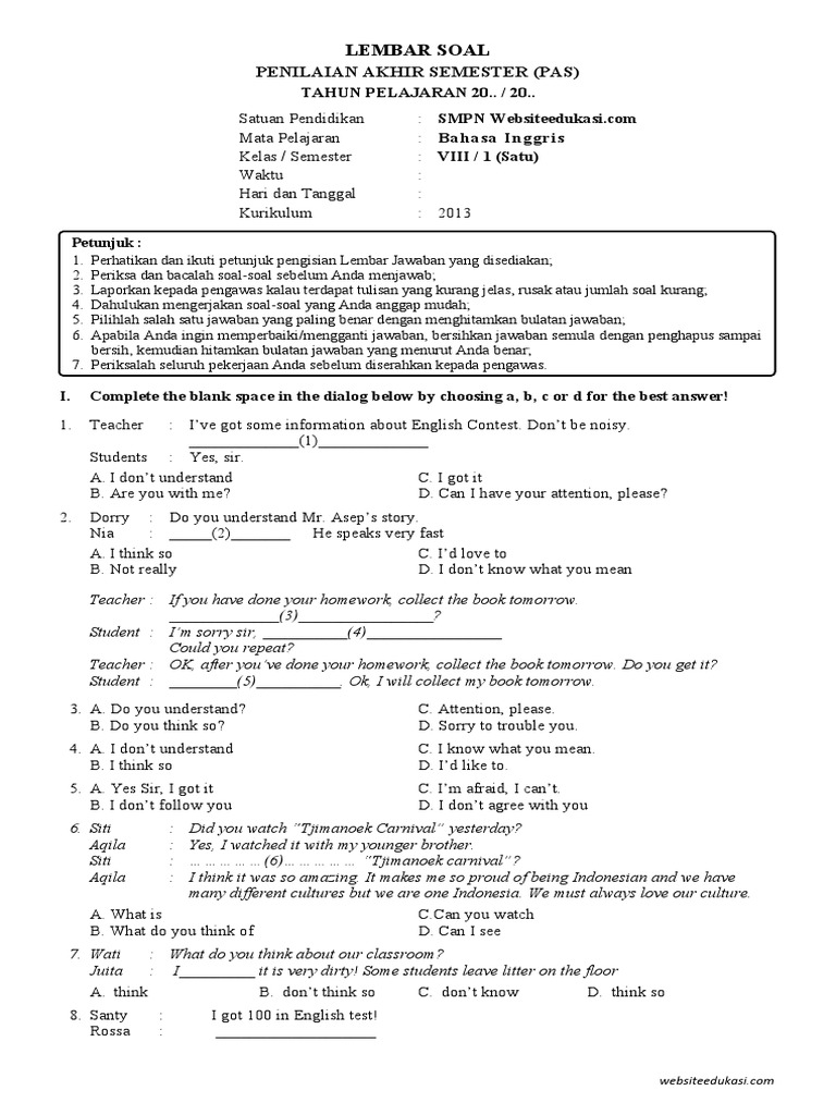 Soal PAS B.ing Kelas 8 K13 | PDF