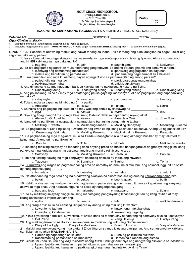 GRADE 9 4th Grading Periodical 2020 2021 | PDF