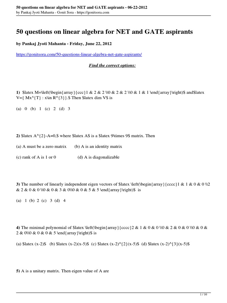 50 Questions Linear Algebra Net Gate Aspirants | PDF | Matrix (Mathematics) | Eigenvalues And ...