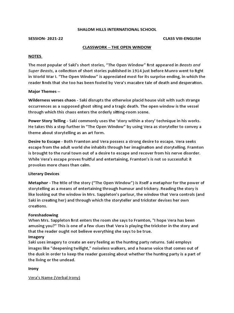 Class VIII Notes on "The Open Window" | PDF | Saki | Irony