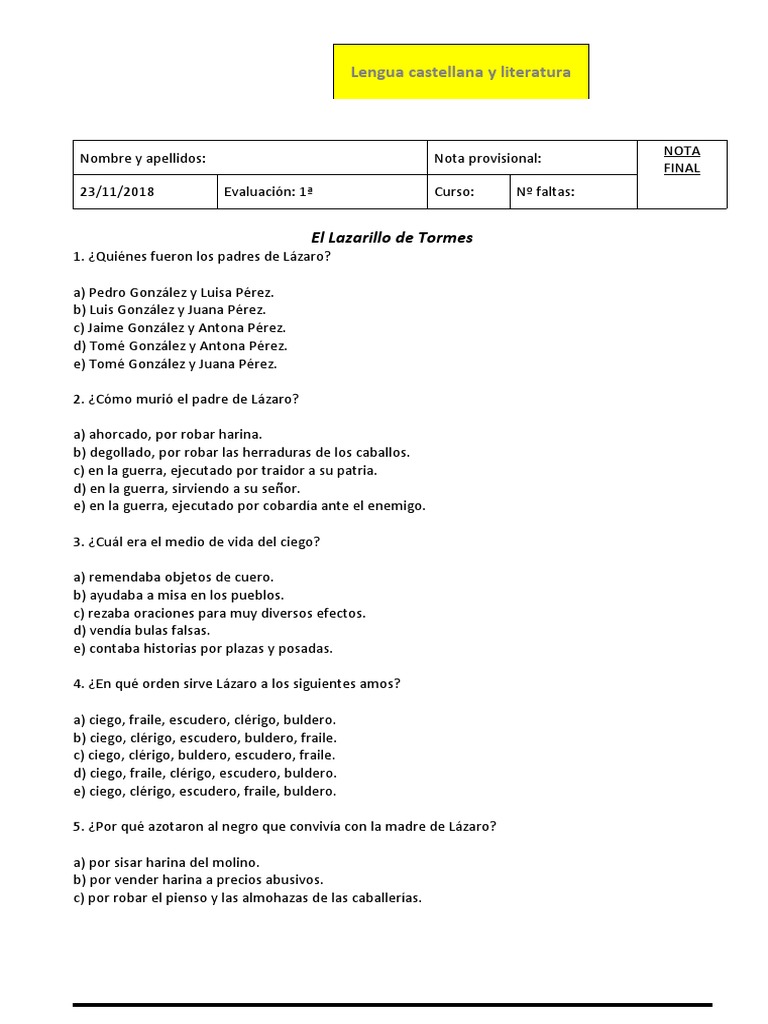 Examen Lazarillo de Tormes | PDF | Autobiografías | Novelas