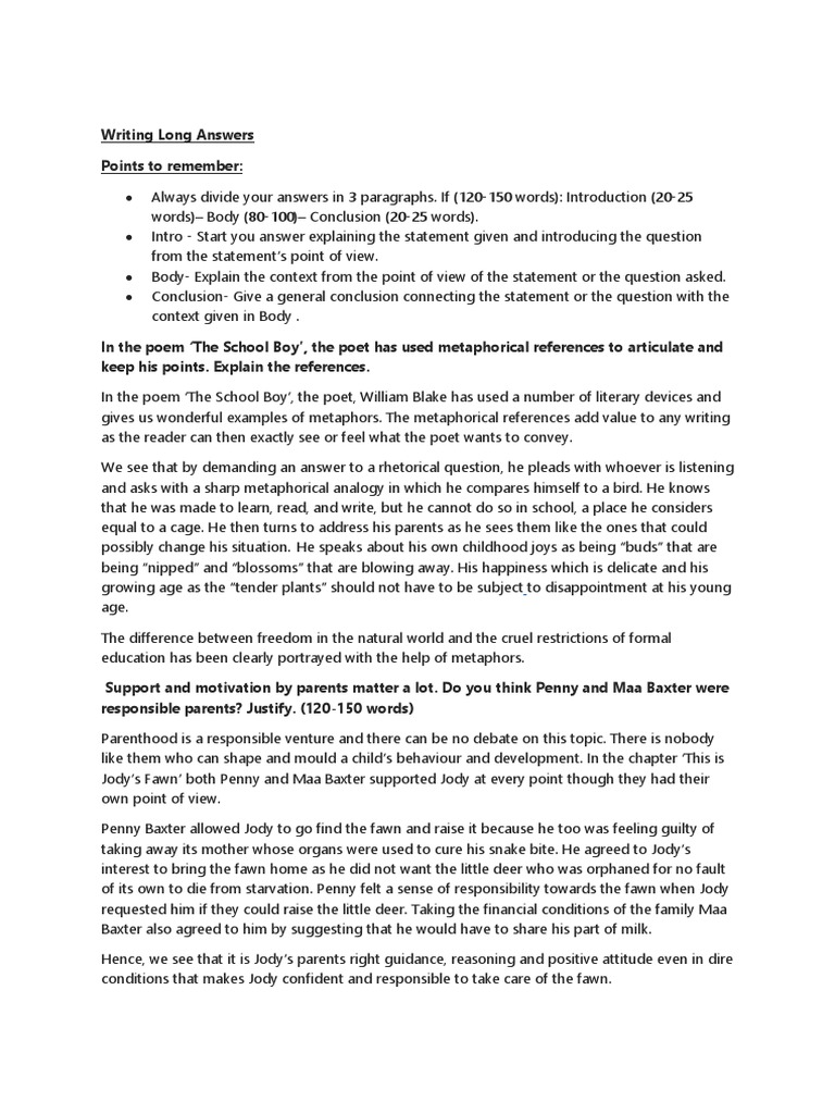 Grade 8 - Literature - Writing Long Answers | PDF | Question | Metaphor