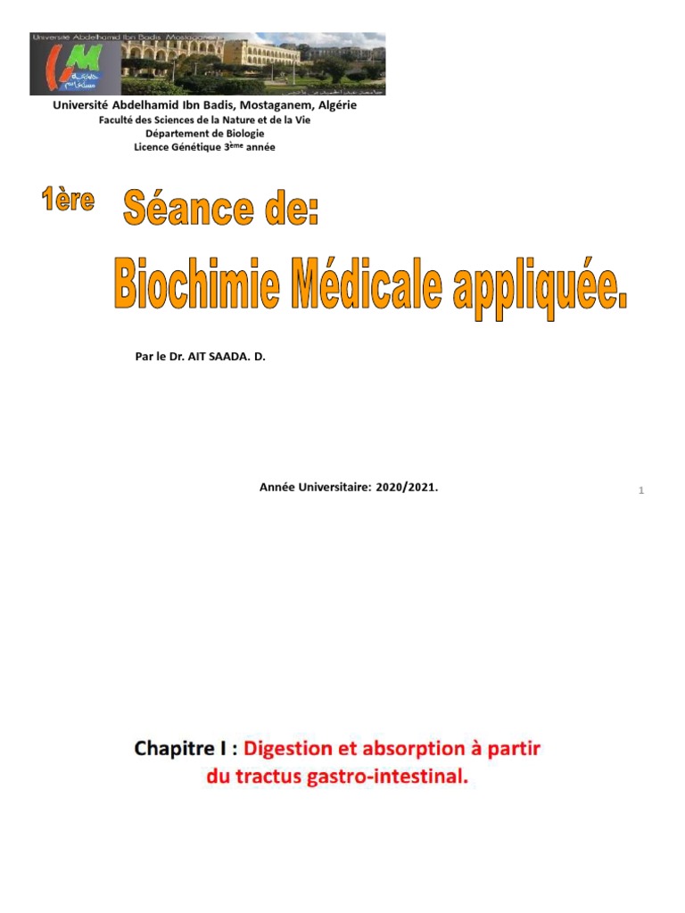 1ème Seance de Biochimie Medicale Appliquee 2021 | PDF