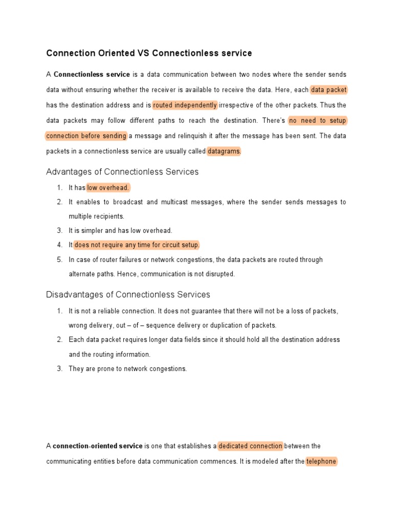 Connection Oriented Vs Connectionless Service Pdf Computing Internet Standards