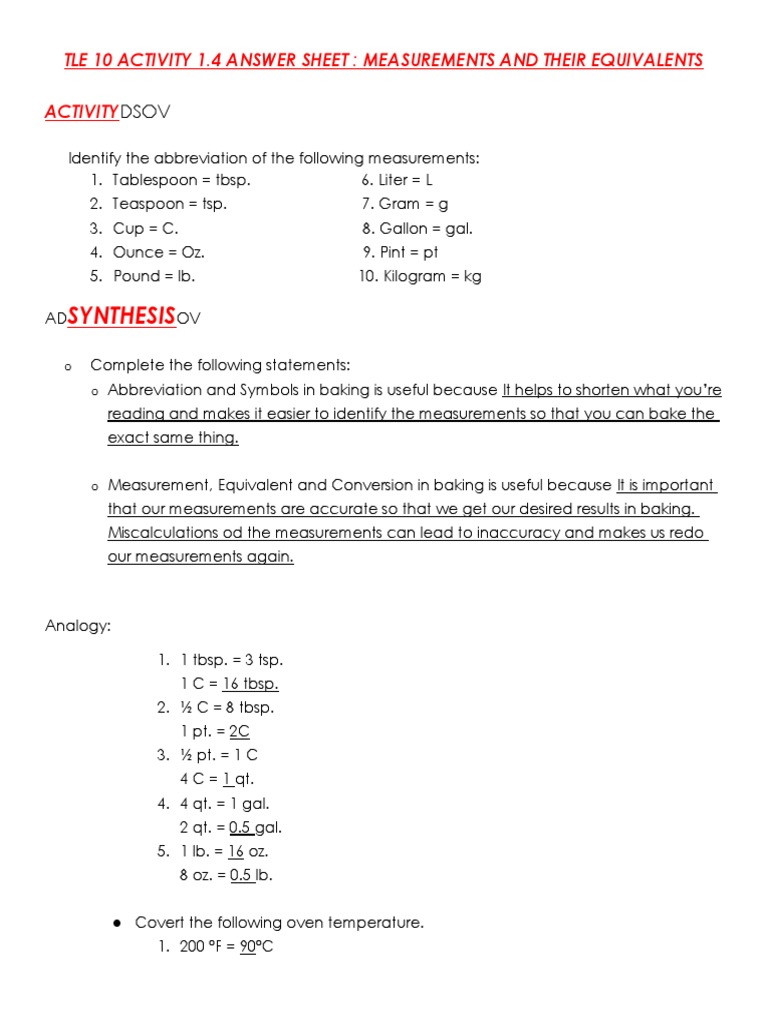 Measurements and Their Equivalents Activity Sheet | PDF