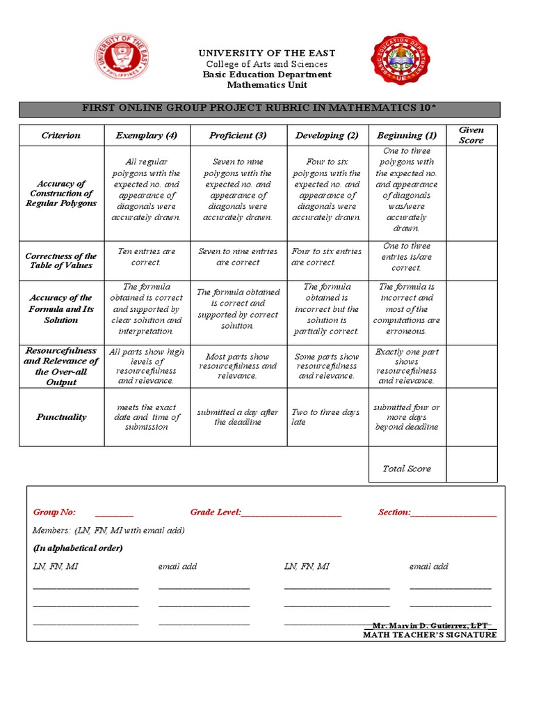 First Online Group Project Rubric in Mathematics 10 | PDF | Applied ...