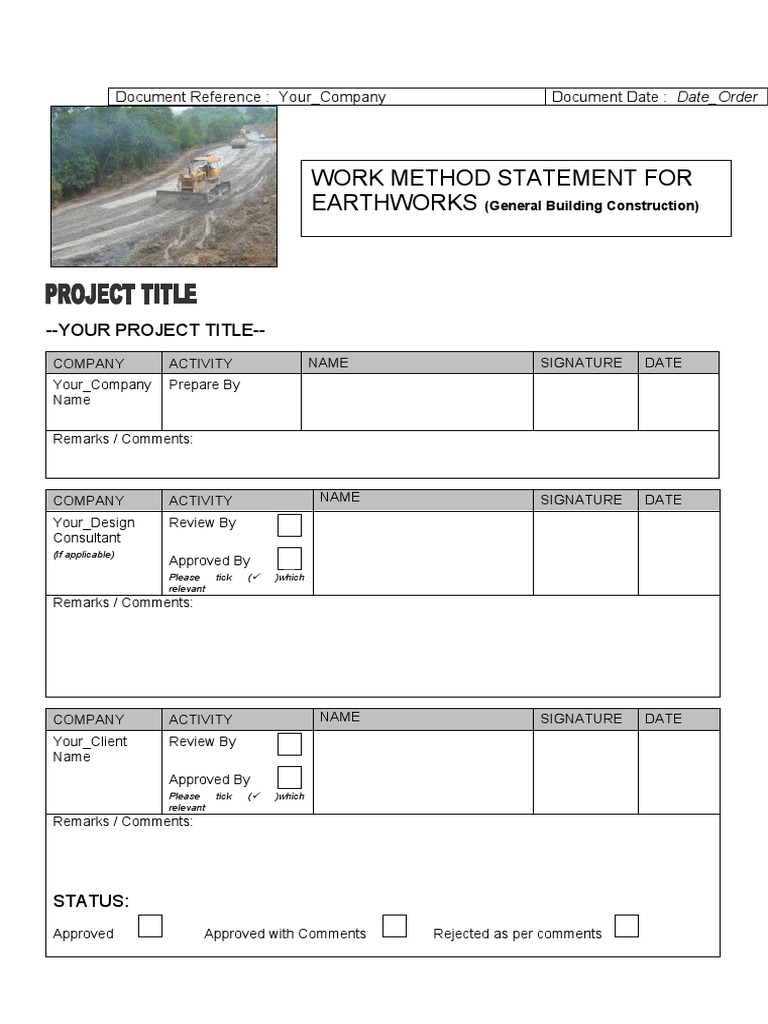 Work Method Statement For Earthworks: - Your Project Title | PDF ...