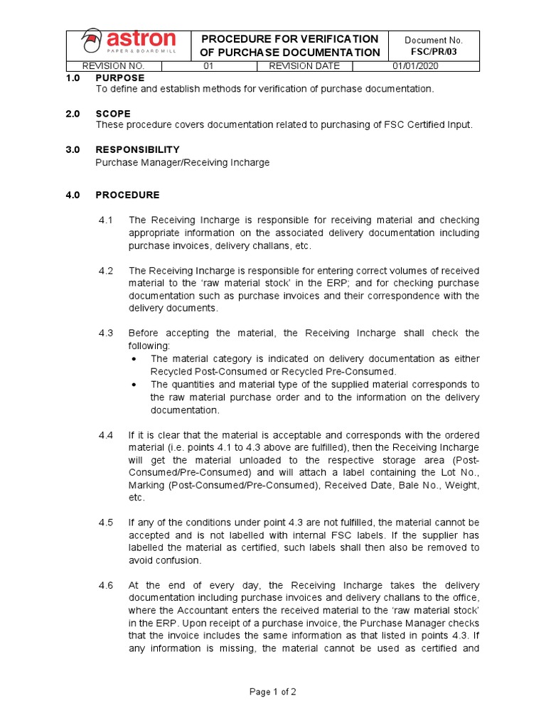 Procedure For Verification of Purchase Documentation | PDF | Invoice ...