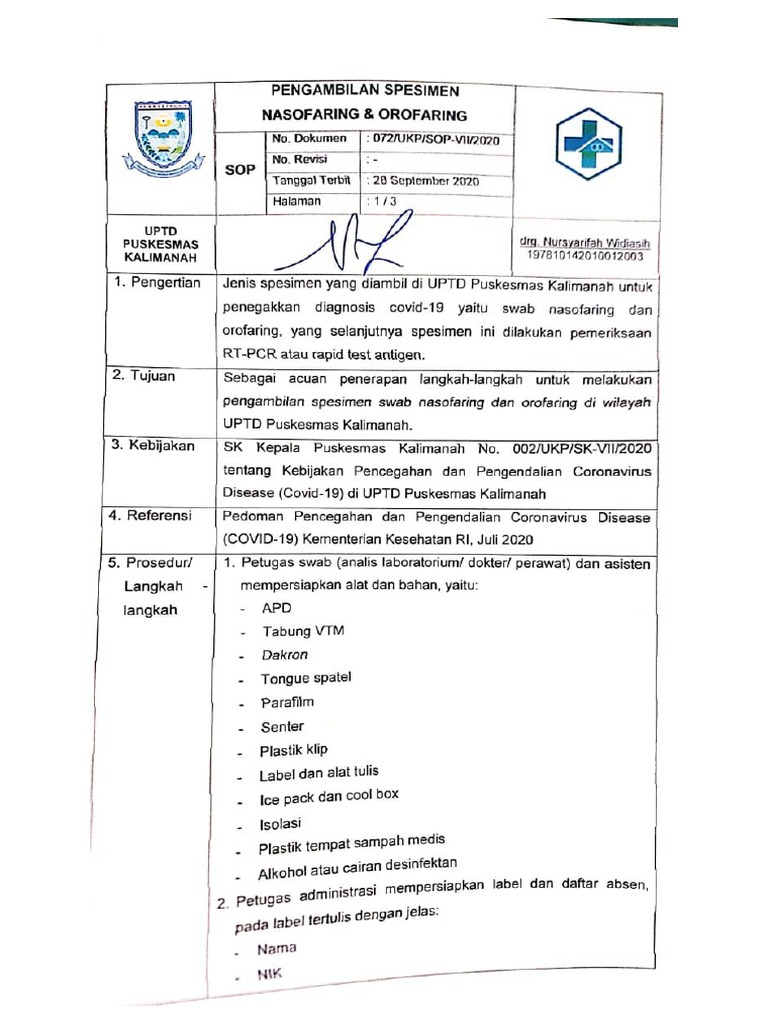 Sop Pengambilan Spesimen Nasofaring Dan Orofaring | PDF