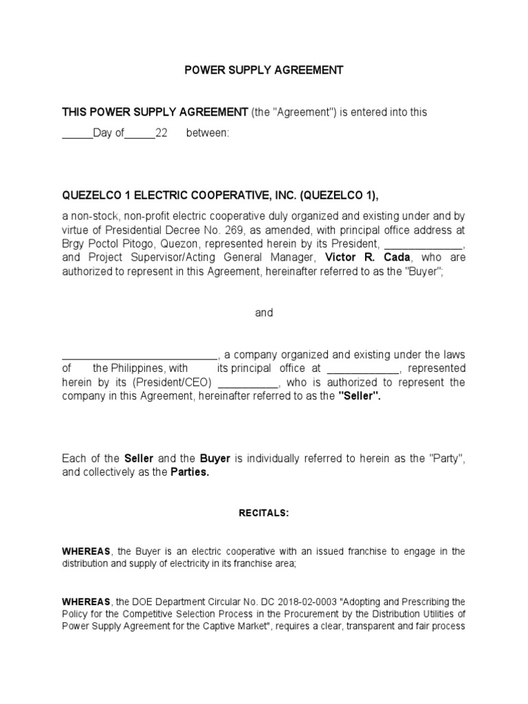 Power Supply Agreement | Download Free PDF | Bankruptcy | Invoice