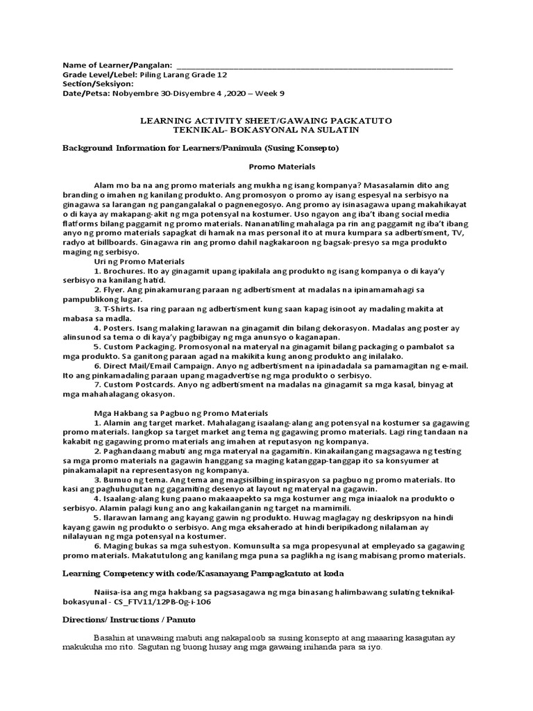 DepEd Learning Activity Sheets (LAS) GRADE 12 Week 9 Q1 | PDF