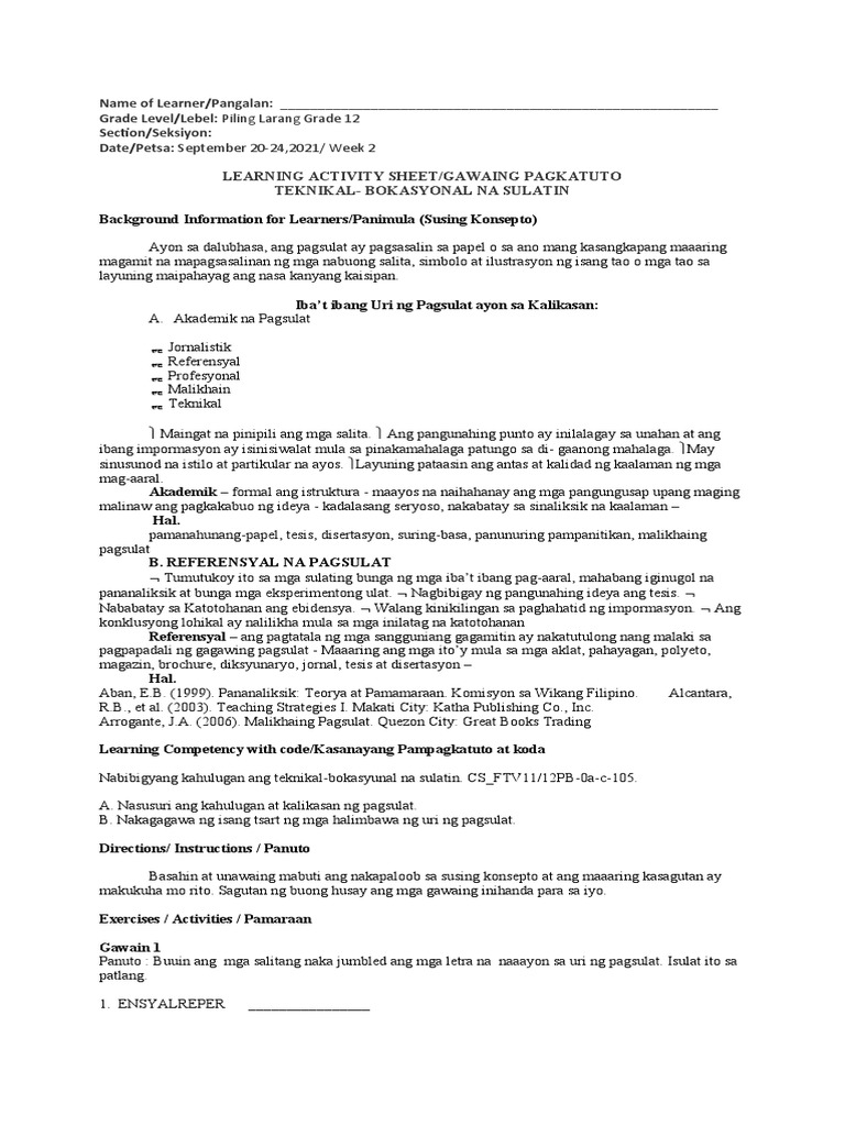 DepEd Learning Activity Sheets (LAS) GRADE 12 Week 2 | PDF