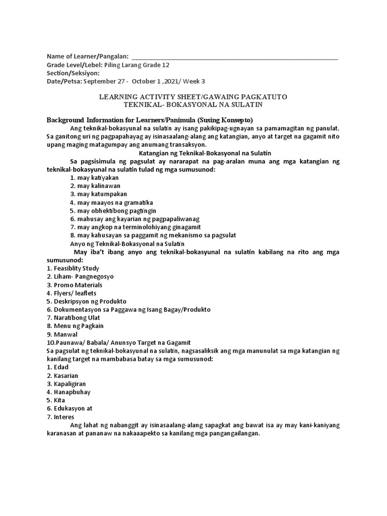 DepEd Learning Activity Sheets (LAS) GRADE 12 Week 3 | PDF