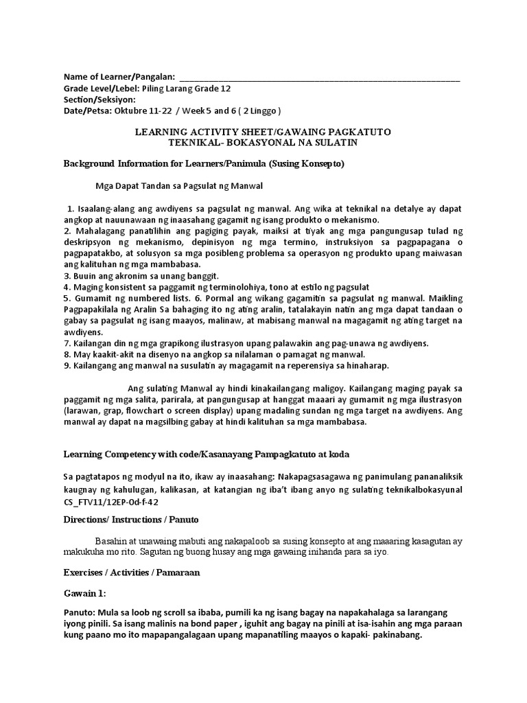 DepEd Learning Activity Sheets (LAS) GRADE 12 Week 5 and 6 | PDF