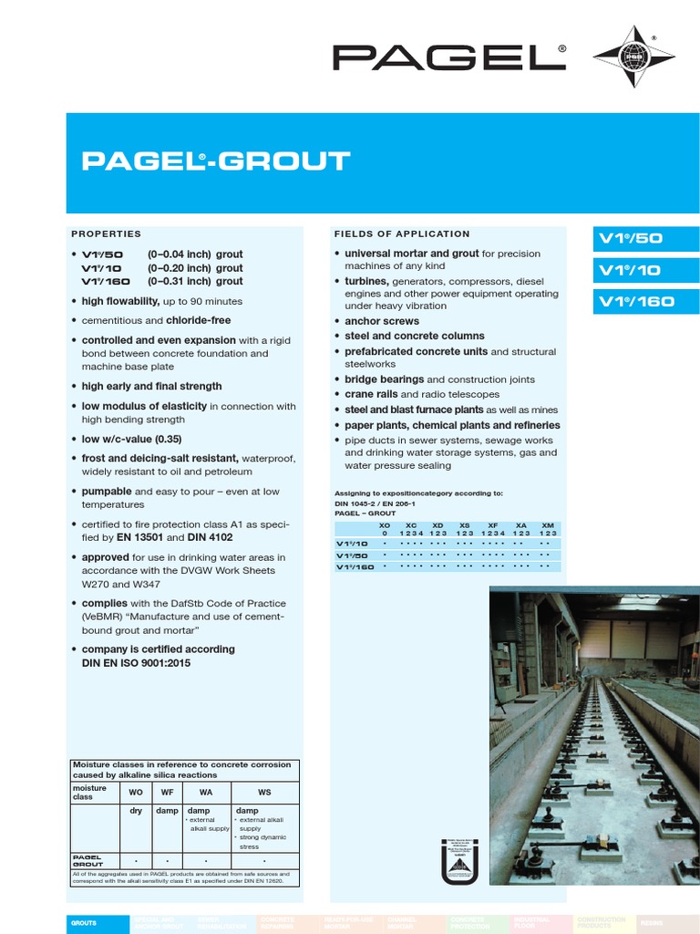 Pagel - Grout: Fields of Application Properties V1 /50 V1 /10 V1 /160 ...